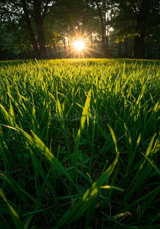Vibrant Green Grass Field at Sunset with Backlit Sunlight Stock ...