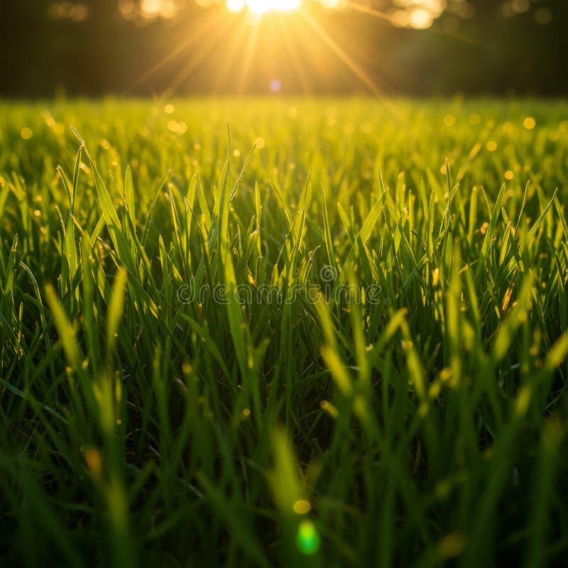 Vibrant Green Grass Field at Sunset with Dew Drops Stock Illustration ...