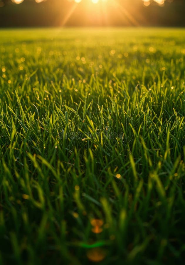 Vibrant Green Grass Field at Sunset with Dew Drops Stock Illustration ...