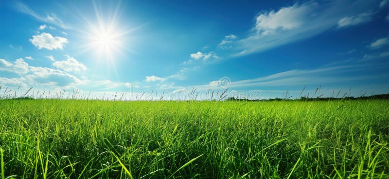 Vibrant Green Grass Field Under Bright Blue Sky with Sun and Fluffy Clouds Stock Photo - Image ...