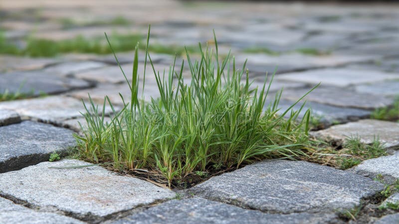 Vibrant Green Grass Growing between Cobblestone Pavement Stones Stock ...