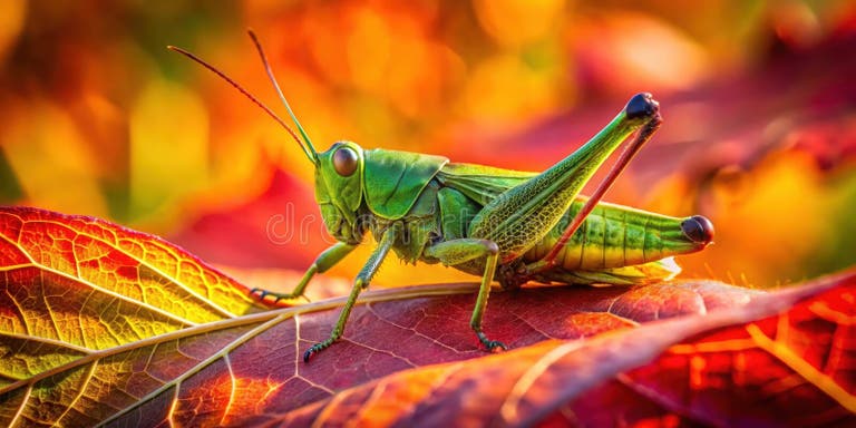 Vibrant Green Grasshopper on Autumn Leaf in Warm Sunlight. Generative ...