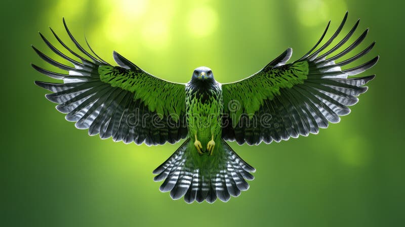 A Vibrant Green Hawk Soaring Against a Soft, Illuminated Background ...