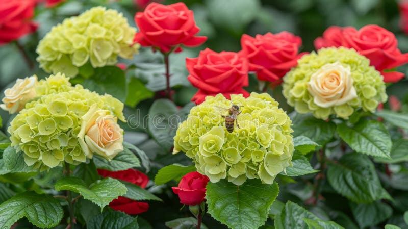 Vibrant Green Hydrangeas and Red Roses in Bloom, with a Bee Buzzing ...