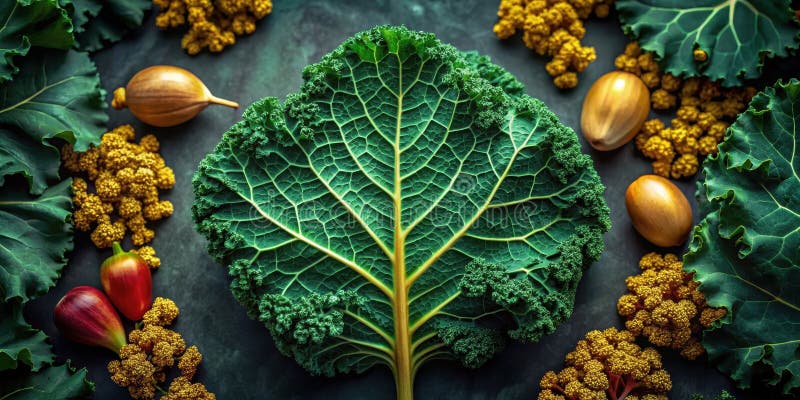 A Vibrant Green Kale Leaf, Dramatically Centered, Surrounded by Golden ...