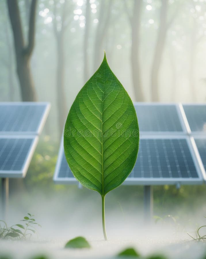 Vibrant Green Leaf with Solar Panels in a Serene Natural Setting Stock ...