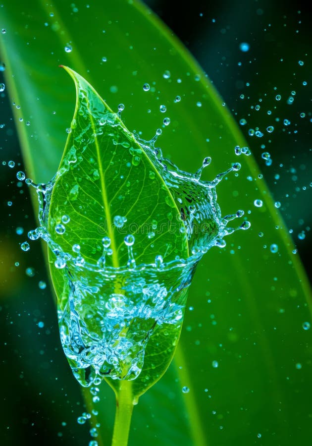 Vibrant Green Leaf Water Splash Macro Photography Stock Illustration ...
