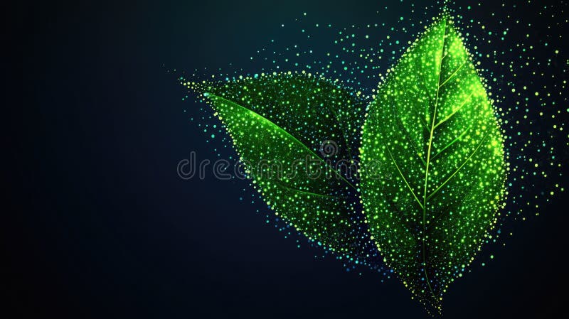 Vibrant Green Leaves with Glowing Particle Effects on Dark Background ...