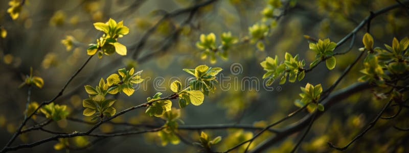 Vibrant Green Leaves Sprouting on Tree Branches in Early Spring Dawn ...