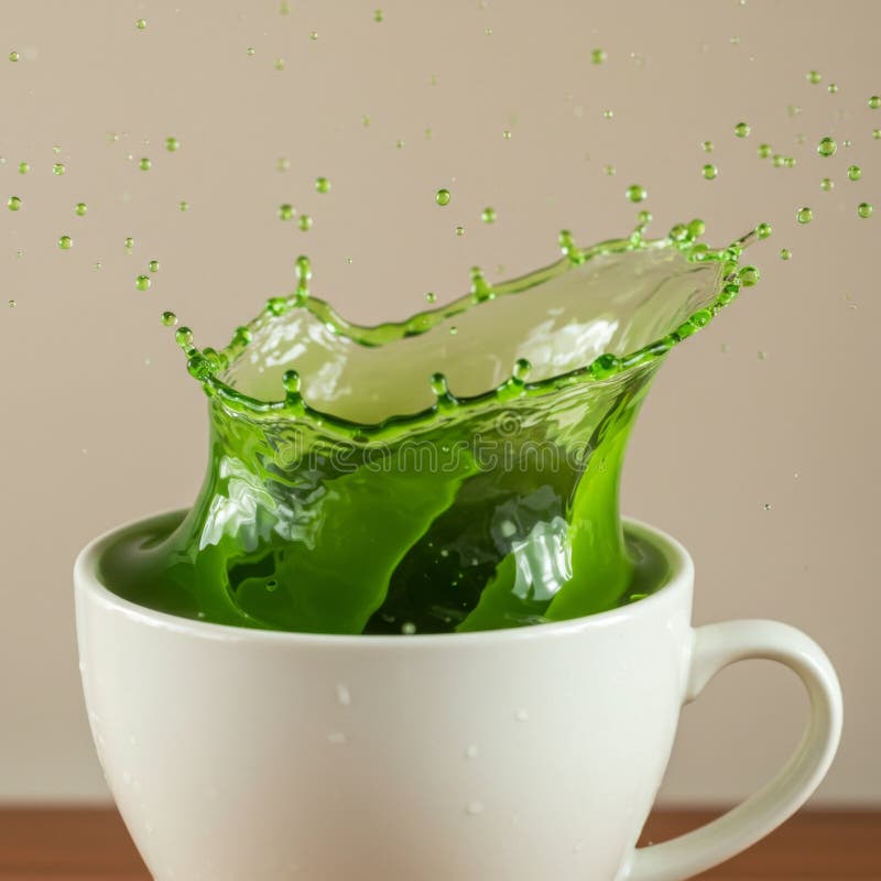 Vibrant Green Liquid Splashing into White Teacup Stock Illustration - Illustration of pour, drop ...