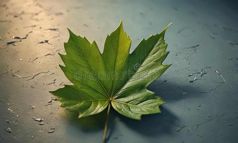 Vibrant Green Maple Leaf Rests on Textured Gray Surface, Casting Subtle ...