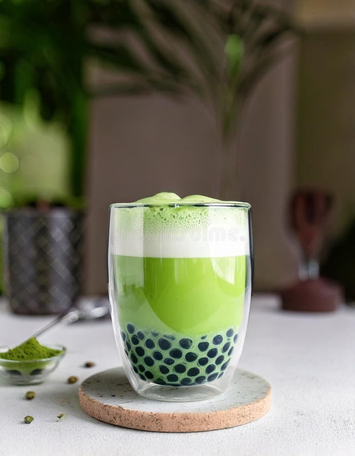 Vibrant Green Matcha Latte with Tapioca Pearls and a Creamy Frothy ...