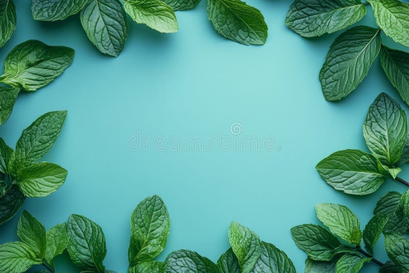 Vibrant Green Mint Leaves Arranged Turquoise Surface Forming Natural ...