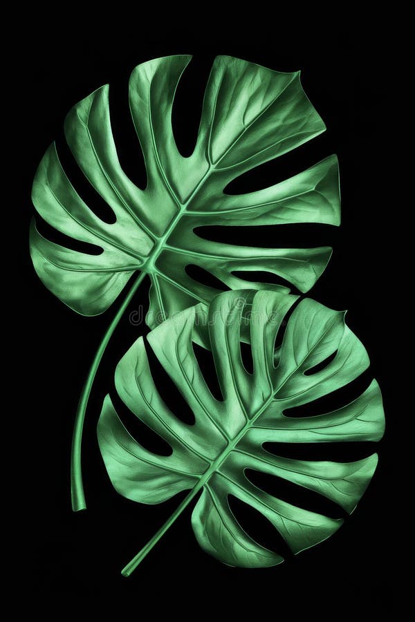 Vibrant Green Monstera Leaves Isolated on Black Background Stock Image ...