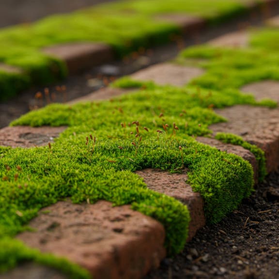 Vibrant Green Moss Growing on Red Brick Pathway Stock Illustration - Illustration of garden ...