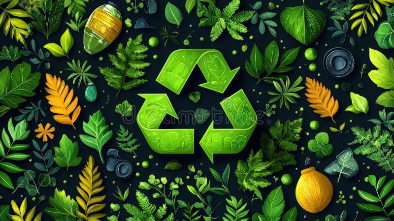 Vibrant Green Nature Elements with Recycle Symbol Surrounded by Leafy ...