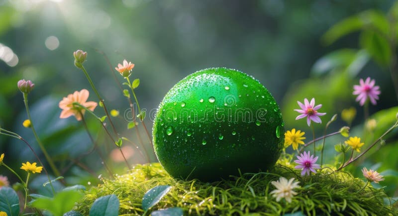 Vibrant Green Object Surrounded Lush Foliage Flowers Serene Natural ...