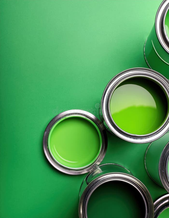 Vibrant Green Paint Cans Arranged on a Bright Green Background for ...