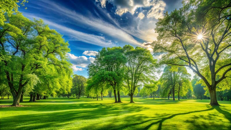 A Vibrant Green Park Bathed in Sunlight with Trees Casting Shadows and ...