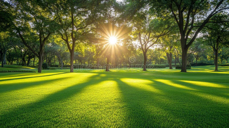 Vibrant Green Park with Sun Rays through Trees Stock Illustration ...