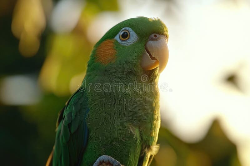 A Vibrant Green Parrot Perches on the Edge of a Tree Branch, Looking ...