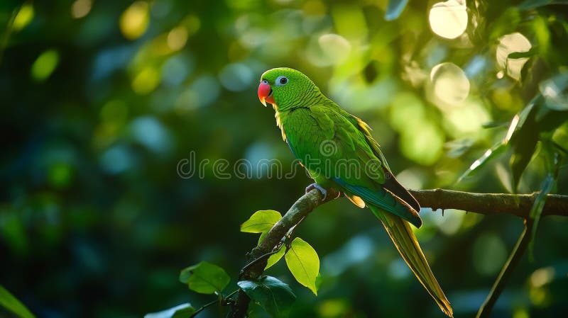 Vibrant Green Parrot Resting on a Sunlit Branch in Lush Forest Stock ...