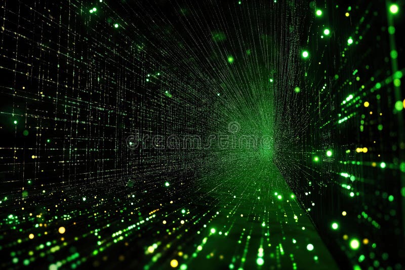 Digital Landscape of Glowing Green Particles Flowing through a Space of ...