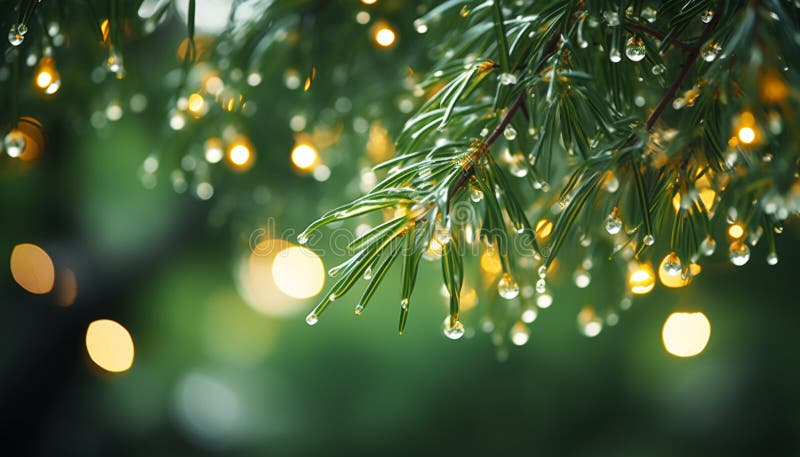 A Vibrant Green Pine Tree Illuminated by Dew Drops at Night Generated ...