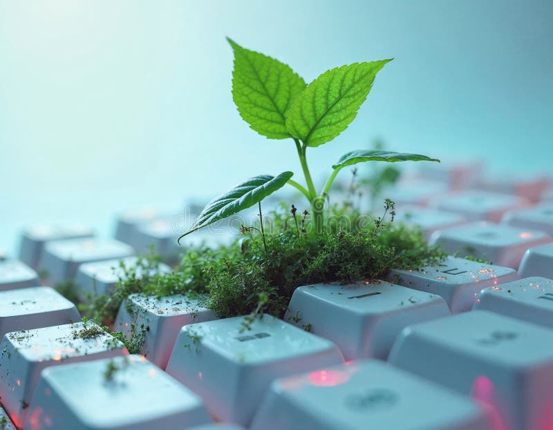 A Vibrant Green Plant Sprouts from a Computer Keyboard Symbolizing ...