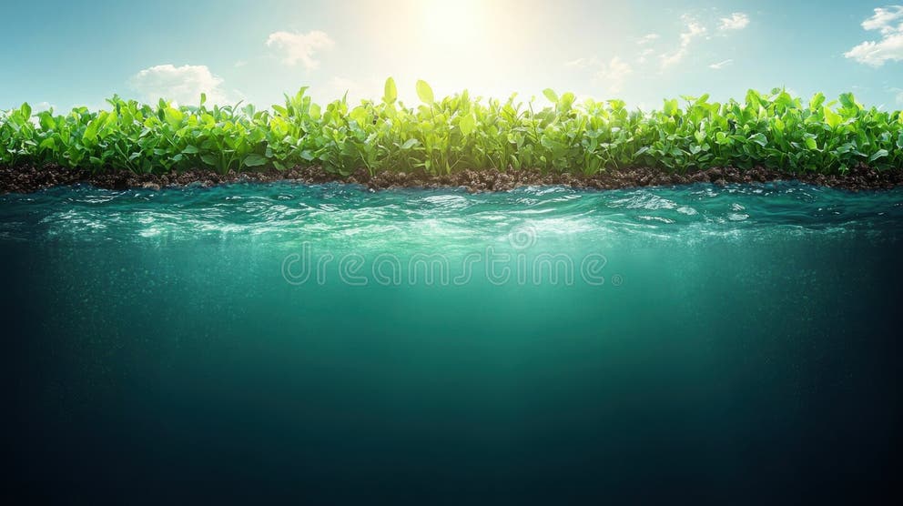 Vibrant Green Plants Emerging from Soil Underwater with Sunlight Stock ...