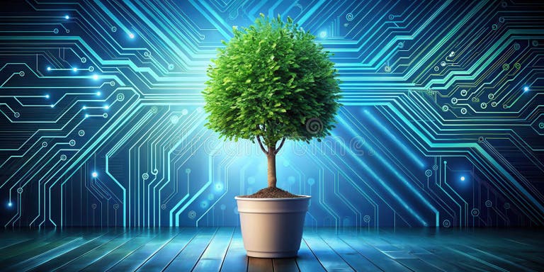 A Vibrant Green Potted Tree Thrives Against a Backdrop of Illuminated ...