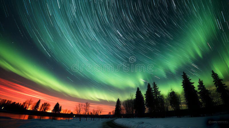 Vibrant Green and Red Aurora Dancing in the Night Sky Stock ...