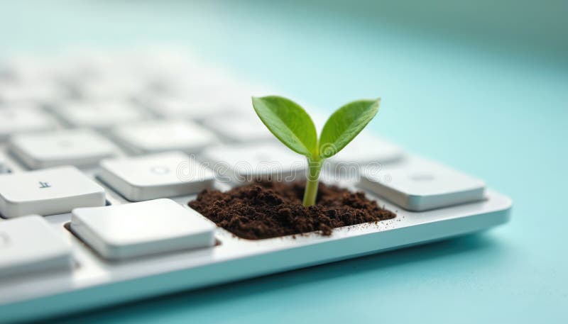 Vibrant Green Seedling Emerges from Soil Inside Keyboard Key on Light ...