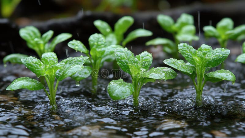 Vibrant Green Seedlings Emerging in a Rain Shower Stock Illustration ...