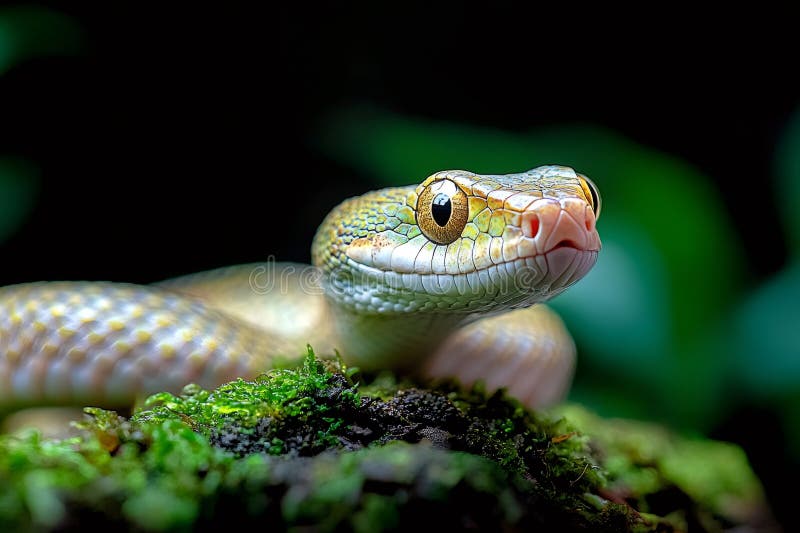 Striking Green Snake Resting on Mossy Surface in Rainforest Stock ...