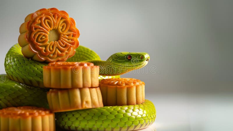 Vibrant Green Snake Coiled Around Traditional Mooncakes Stock Image ...