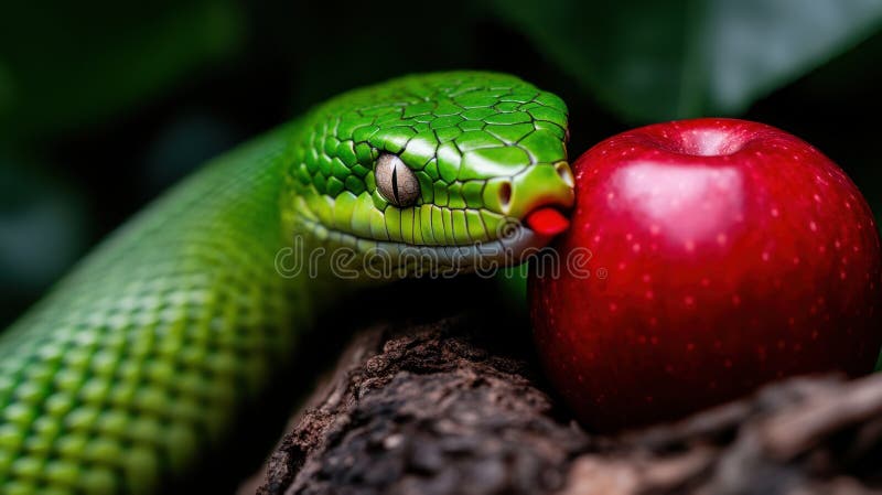 Vibrant Green Snake Curiously Examining a Red Apple on Tree Bark Stock ...