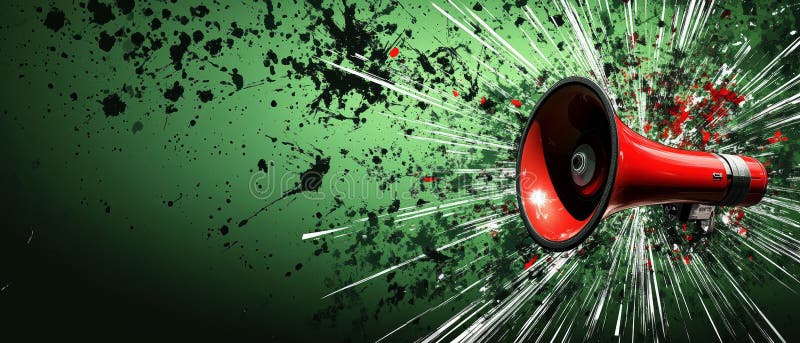 Dynamic Green Splatter Background with Red Loudspeaker and Silver ...