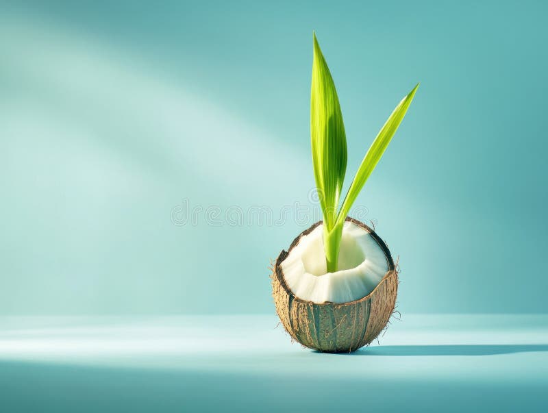 Vibrant Green Sprout Emerging from Coconut Shell on Light Blue ...