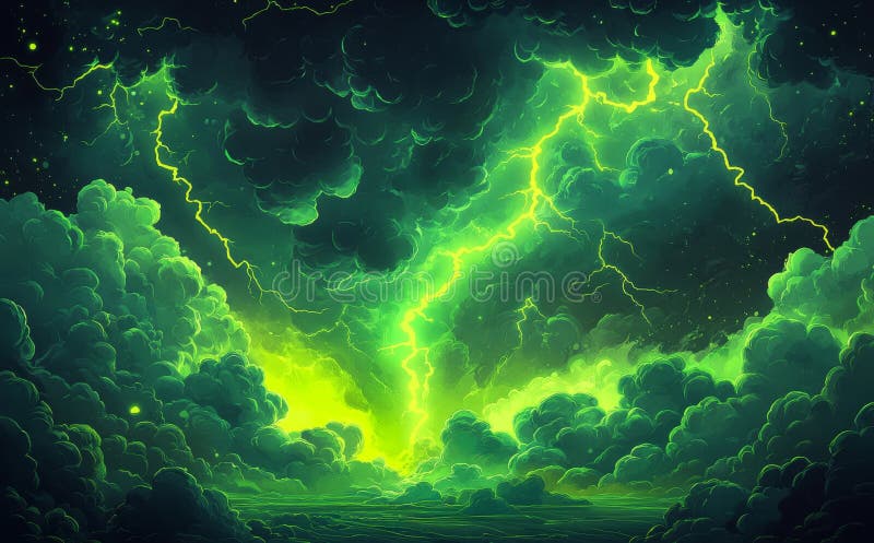 A Vibrant Green Storm Cloud Illuminated by Flashes of Lightning in a ...