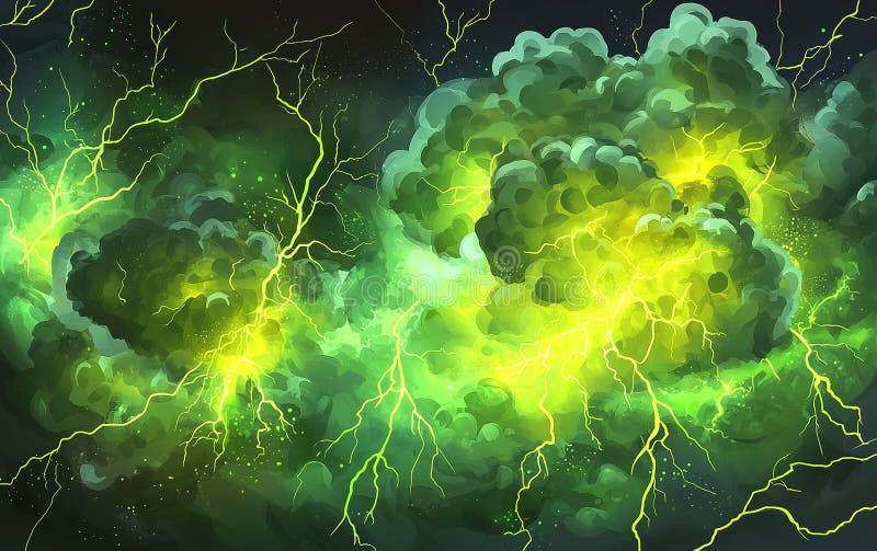 A Vibrant Green Storm Cloud Illuminated by Flashes of Lightning during ...