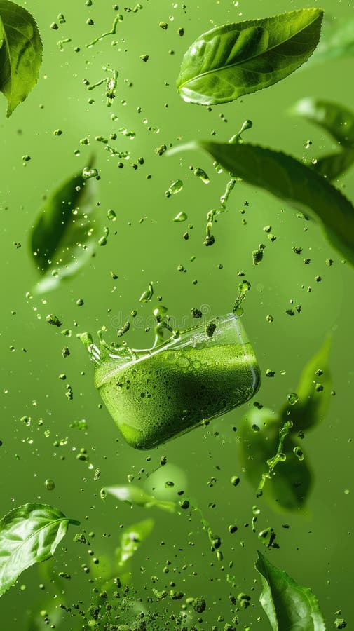 Vibrant Green Tea Powder Explosion with Fresh Leaves in Dynamic Motion ...