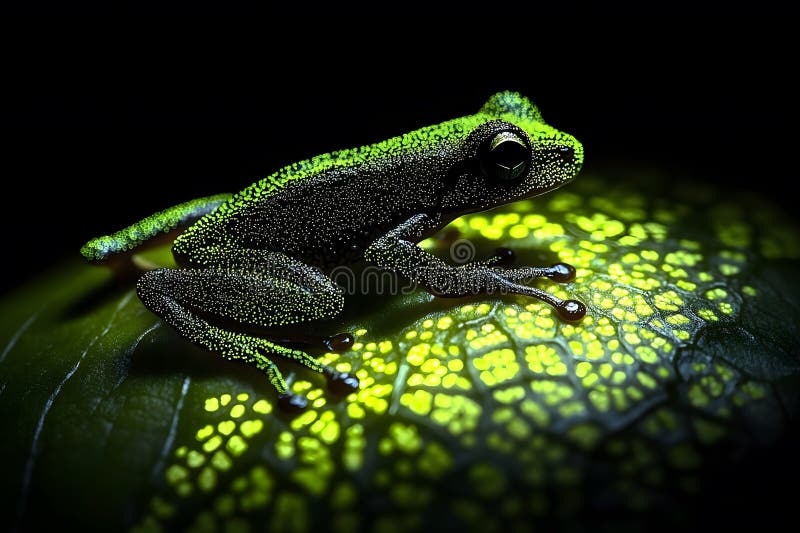 Vibrant Green Tree Frog on Illuminated Leaf in Dark Forest Setting ...