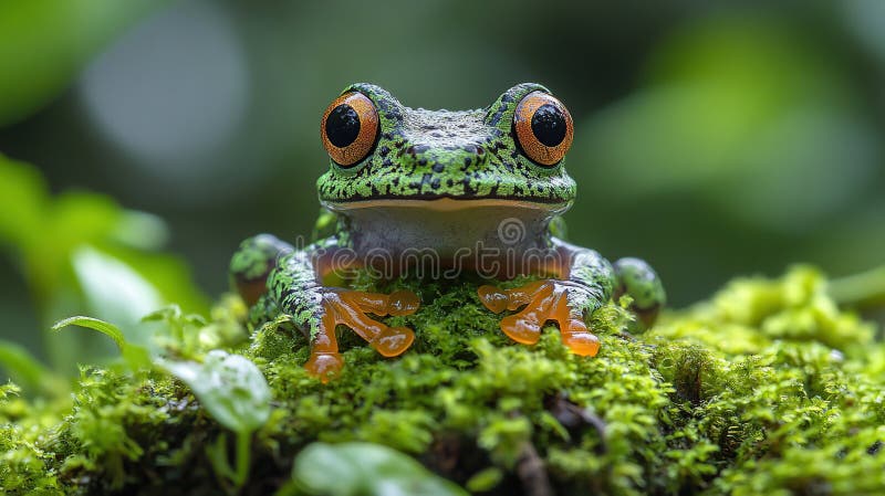 Vibrant Green Tree Frog with Orange Eyes Sits on Mossy Surface Stock ...