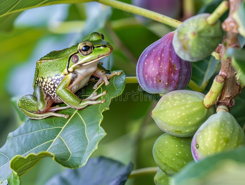 Vibrant Green Tree Frog Perched on Leaf with Figs Stock Illustration ...