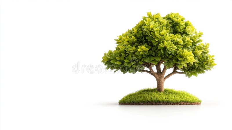 Vibrant Green Tree on Small Grass Mound Isolated on White Stock ...