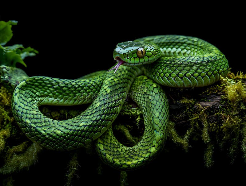 Vibrant Green Tree Snake Coiled on Mossy Branch Against Black ...