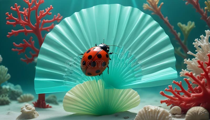 A Vibrant Green and Turquoise Underwater Scene with a Red Ladybug ...