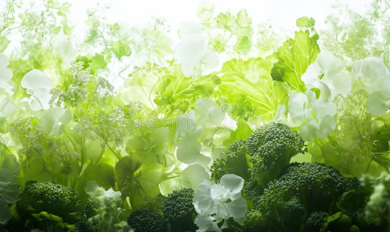 Vibrant Green Vegetation Display Featuring Broccoli and Fresh Herbs ...