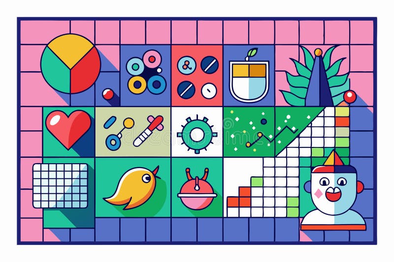 A Vibrant Grid Layout Features Various Playful Icons and Shapes in Bold ...